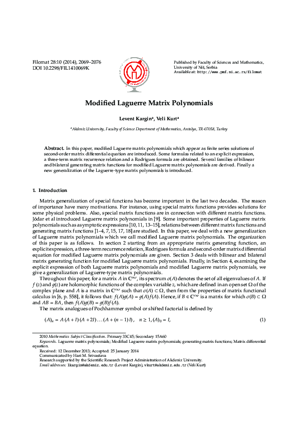 (PDF) Modified Laguerre matrix polynomials
