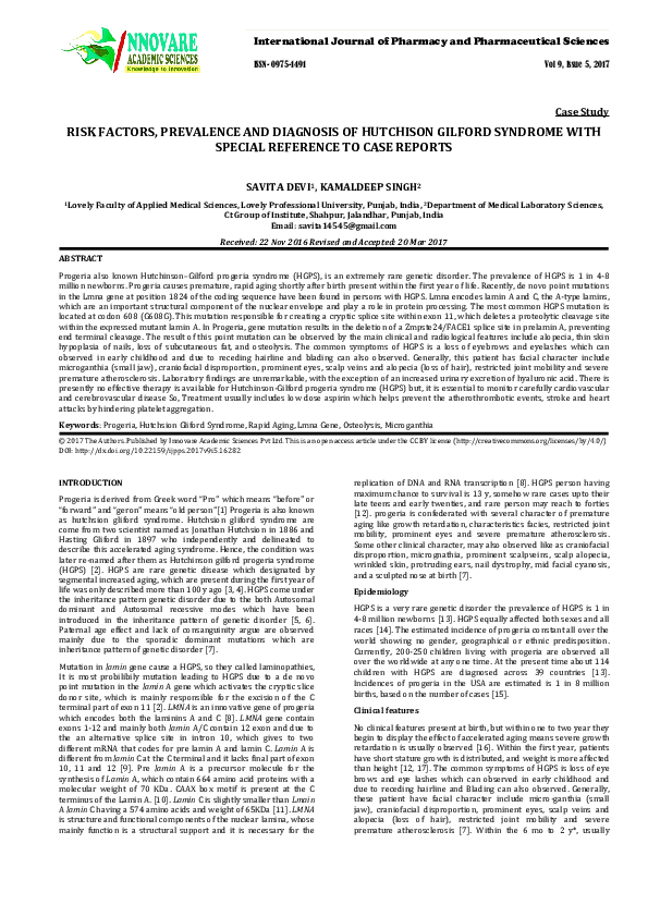 (PDF) RISK FACTORS, PREVALENCE AND DIAGNOSIS OF HUTCHISON GILFORD SYNDROME WITH SPECIAL ...
