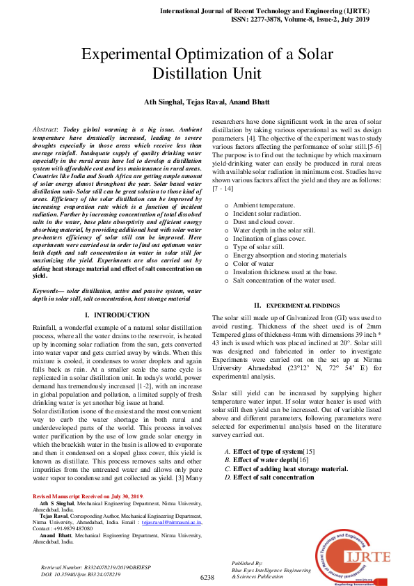Pdf Experimental Optimization Of A Solar Distillation Unit