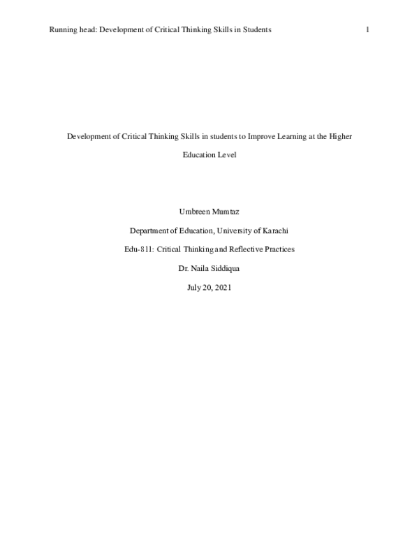 (PDF) Development of Critical Thinking Skills in students to Improve Learning at the Higher ...