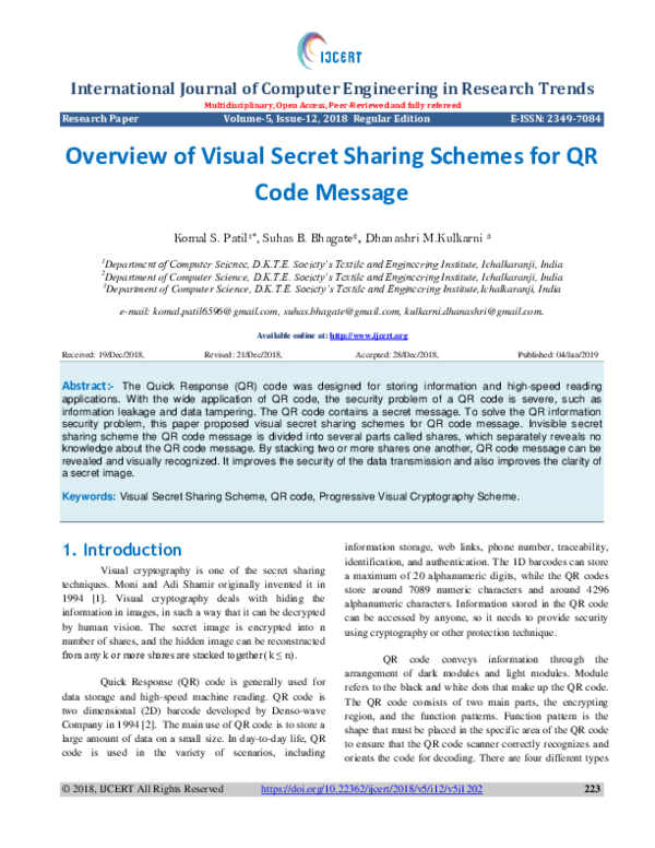 (PDF) Overview of Visual Secret Sharing Schemes for QR Code Message | dhanashri kulkarni ...