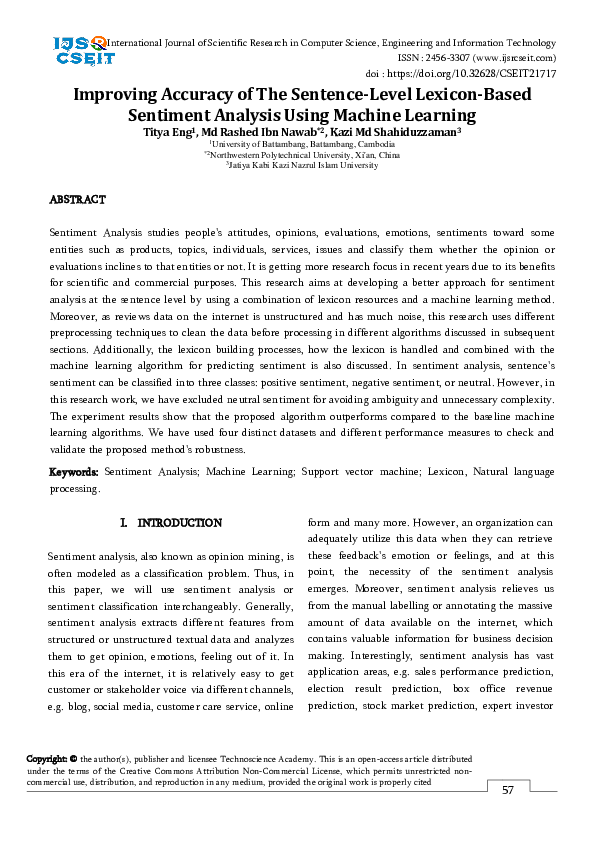 Pdf Improving Accuracy Of The Sentence Level Lexicon Based Sentiment 7314