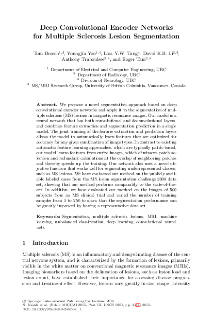 (PDF) Deep Convolutional Encoder Networks for Multiple Sclerosis Lesion ...