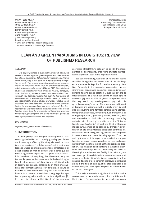 (PDF) Lean and Green Paradigms in Logistics: Review of Published Research