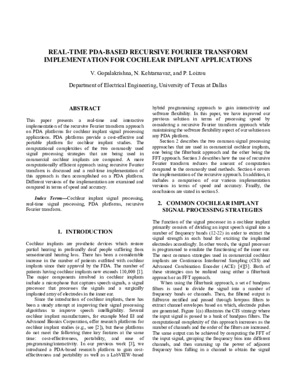 Pdf Real Time Pda Based Recursive Fourier Transform Implementation For Cochlear Implant
