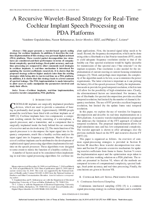 Pdf Real Time Pda Based Recursive Fourier Transform Implementation For Cochlear Implant