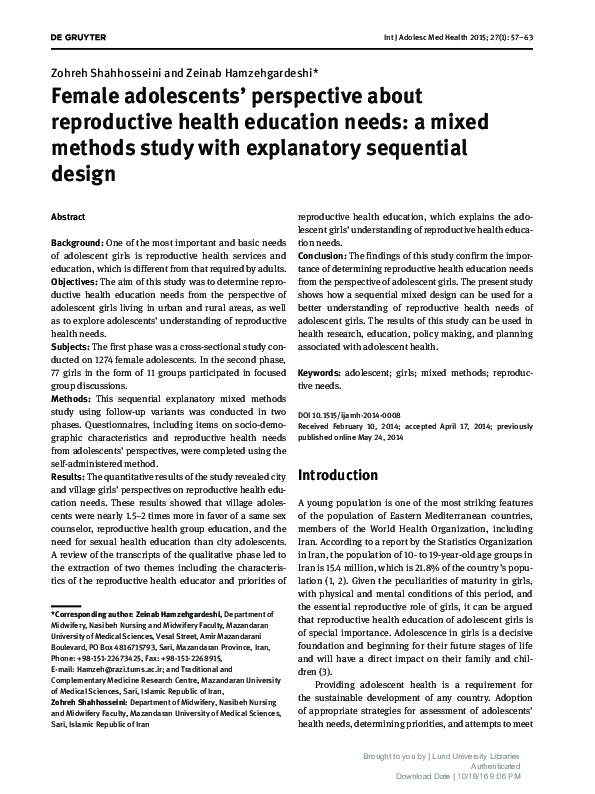 (PDF) Female adolescents’ perspective about reproductive health ...