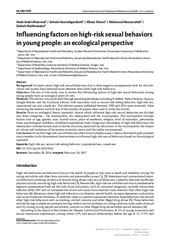 Pdf Influencing Factors On High Risk Sexual Behaviors In Young People 3916