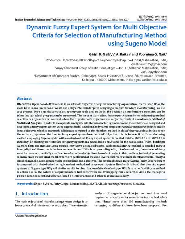 (PDF) Dynamic Fuzzy Expert System for Multi Objective Criteria for Selection of Manufacturing ...
