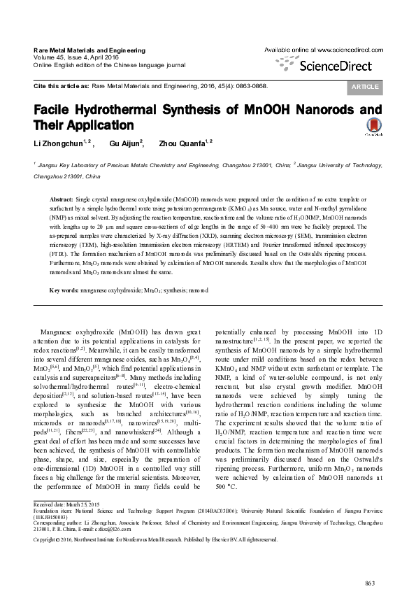 (PDF) Facile Hydrothermal Synthesis of MnOOH Nanorods and Their Application