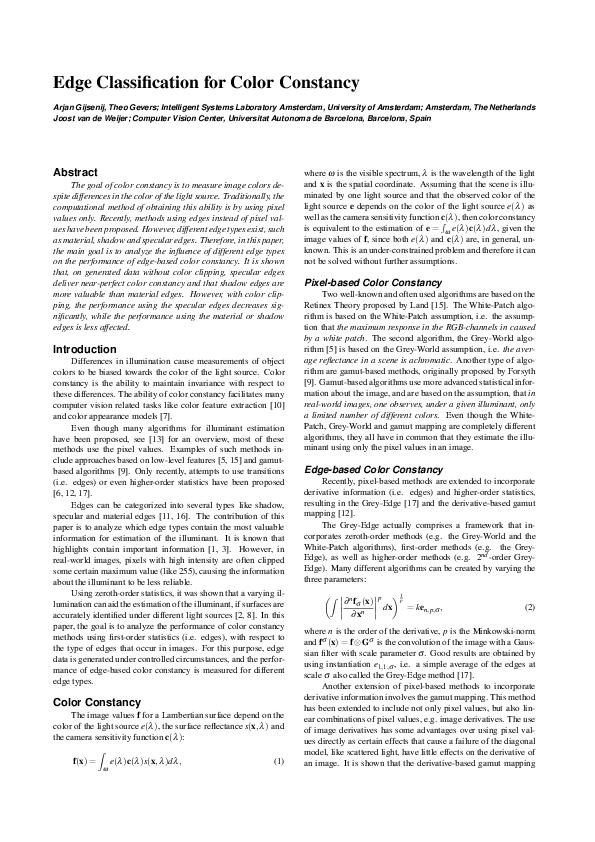 (PDF) Edge Classification for Color Constancy