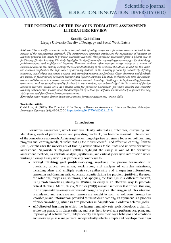 (PDF) THE POTENTIAL OF THE ESSAY IN FORMATIVE ASSESSMENT: LITERATURE REVIEW