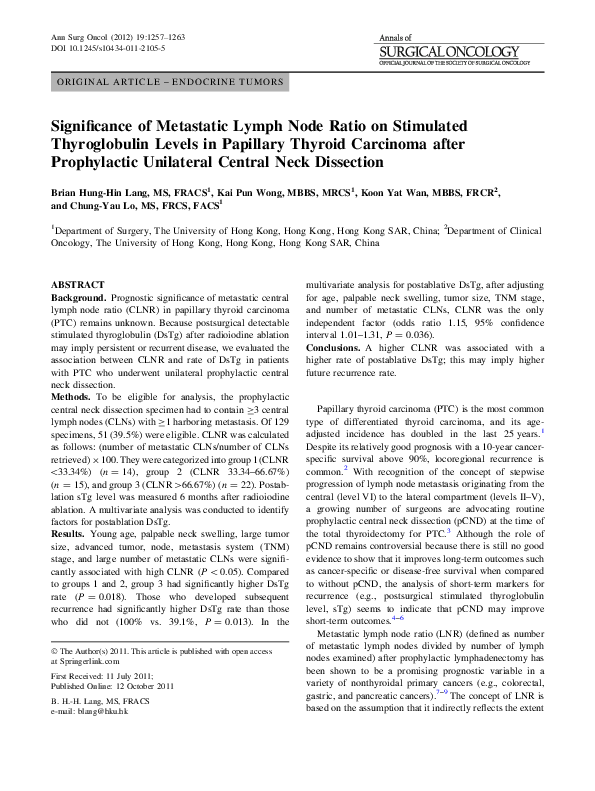 (PDF) Significance of Metastatic Lymph Node Ratio on Stimulated Thyroglobulin Levels in ...