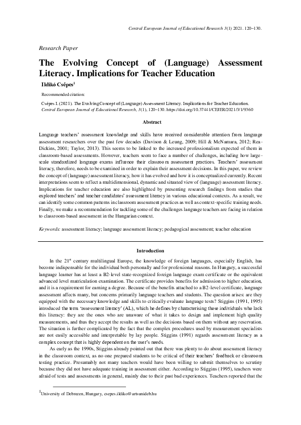 (PDF) The Evolving Concept of (Language) Assessment Literacy. Implications for Teacher Education