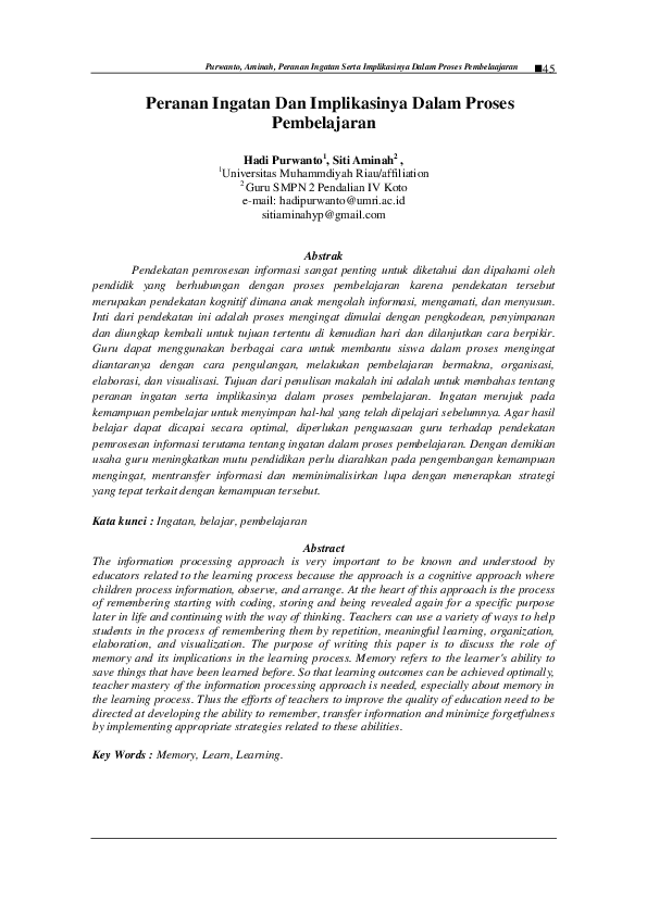 (PDF) Peranan Ingatan Serta Implikasinya Dalam Proses Pembelajaran