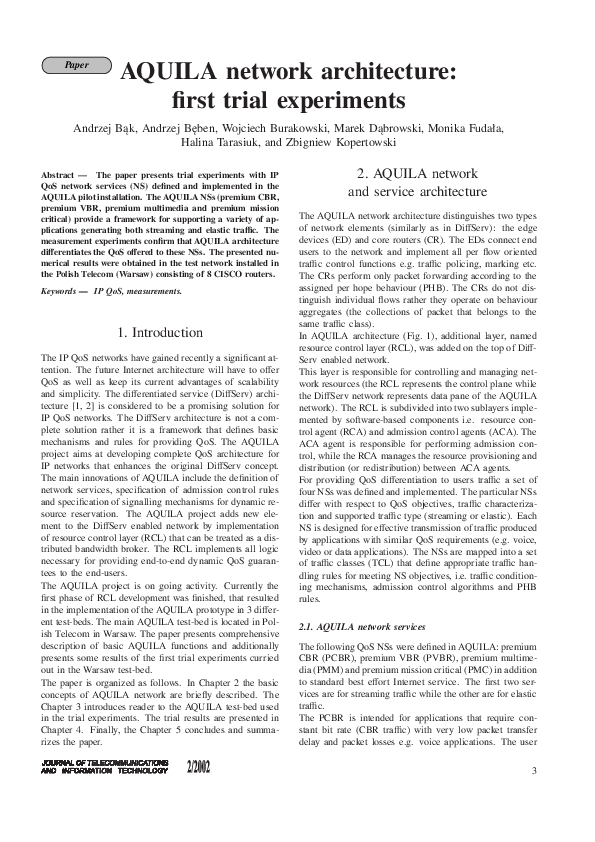 (PDF) AQUILA network architecture: first trial experiments