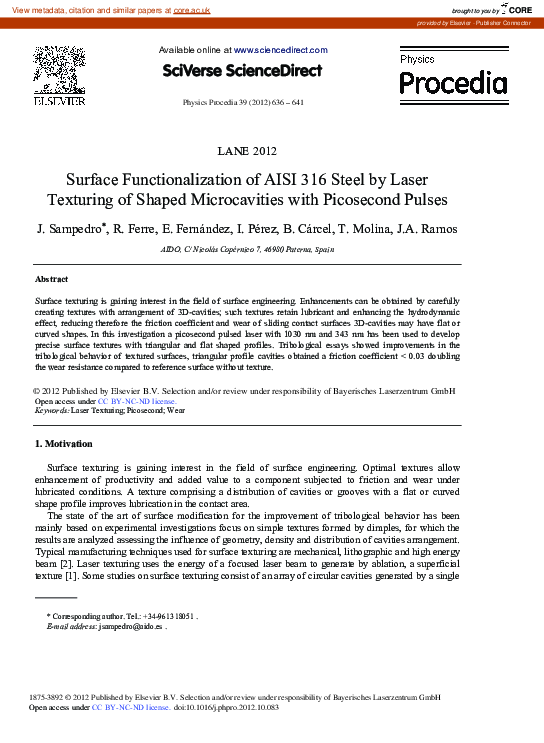 (PDF) Surface Functionalization of AISI 316 Steel by Laser Texturing of Shaped Microcavities ...