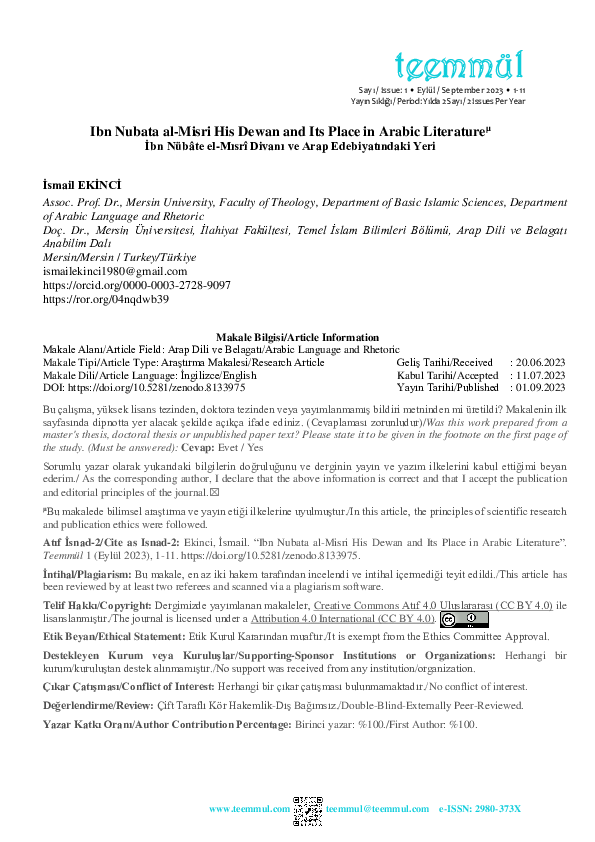 (PDF) Ibn Nubata al-Misri His Dewan and Its Place in Arabic Literature