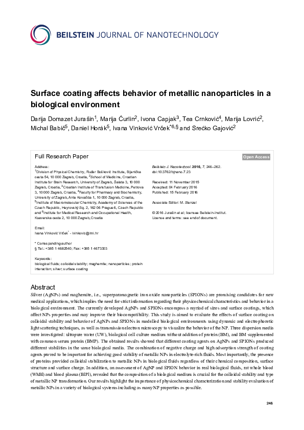 (PDF) Surface coating affects behavior of metallic nanoparticles in a biological environment