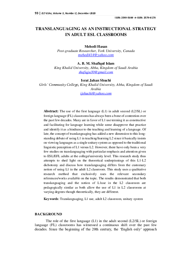 (PDF) TRANSLANGUAGING AS AN INSTRUCTIONAL STRATEGY IN ADULT ESL CLASSROOMS