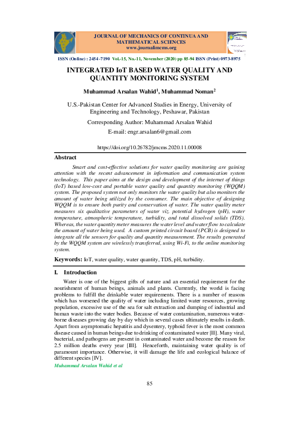 (PDF) INTEGRATED IoT BASED WATER QUALITY AND QUANTITY MONITORING SYSTEM