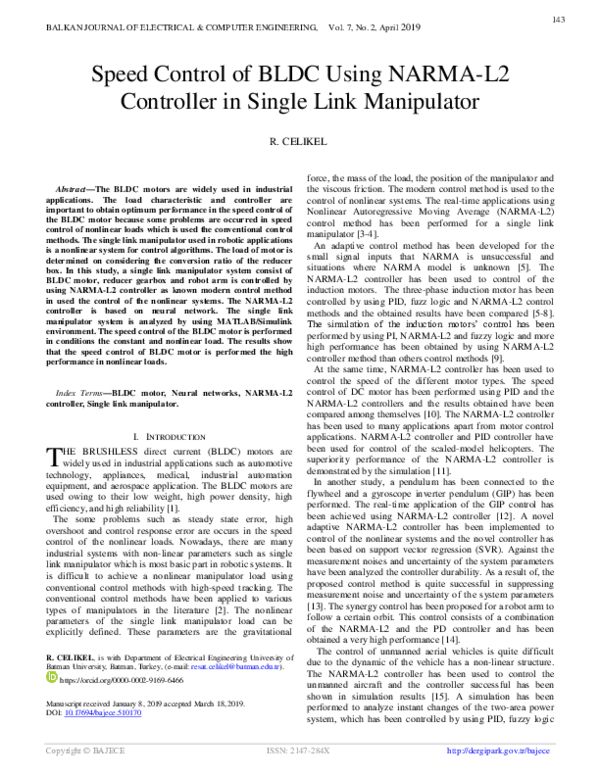 (PDF) Speed Control of BLDC Using NARMA-L2 Controller in Single Link Manipulator | Resat Celikel ...