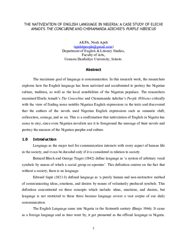 (DOC) THE NATIVIZATION OF ENGLISH LANGUAGE IN NIGERIA: A CASE STUDY OF ...