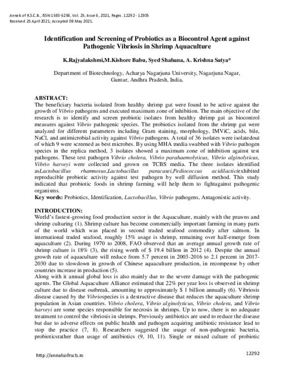(PDF) Identification and Screening of Probiotics as a Biocontrol Agent against Pathogenic ...