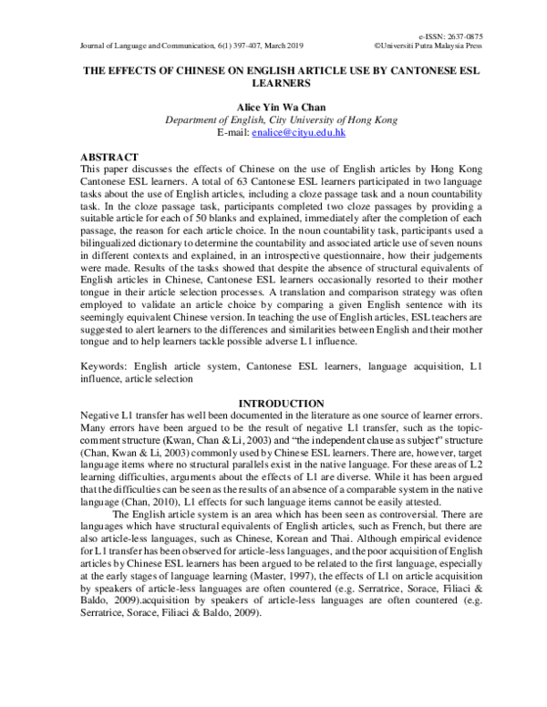 (PDF) THE EFFECTS OF CHINESE ON ENGLISH ARTICLE USE BY CANTONESE ESL ...