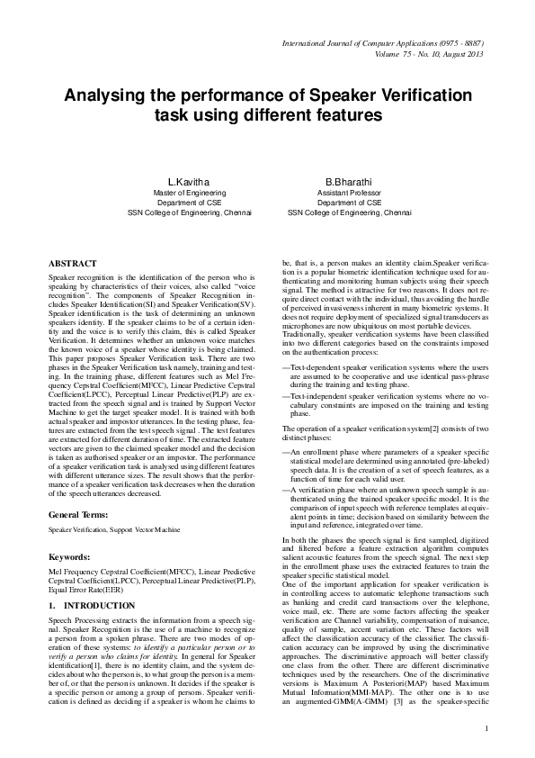 Pdf Analysing The Performance Of Speaker Verification Task Using