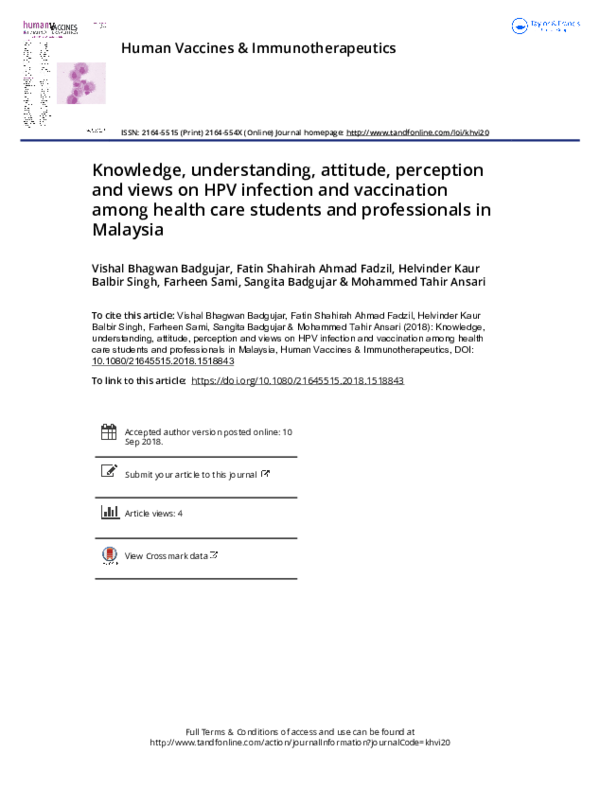 (PDF) Knowledge, understanding, attitude, perception and views on HPV infection and vaccination ...