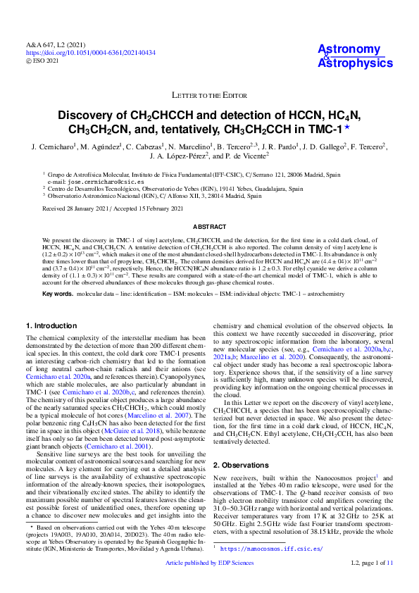 (PDF) Discovery of CH2CHCCH and detection of HCCN, HC4N, CH3CH2CN, and ...