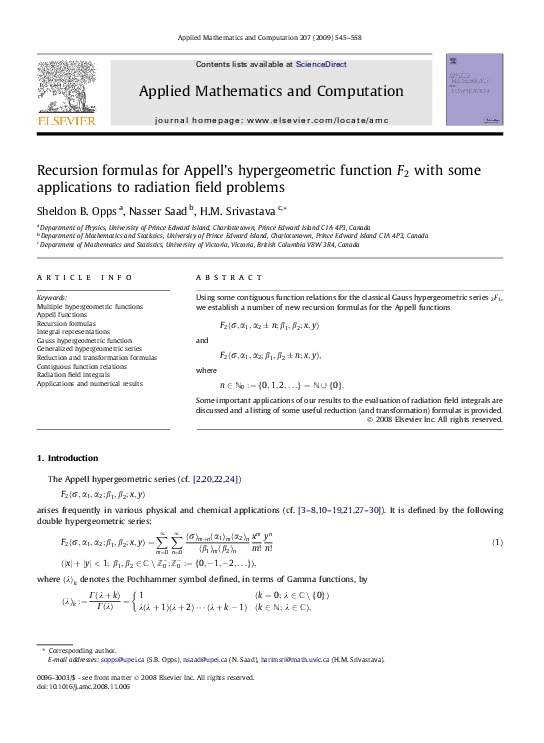 Pdf Recursion Formulas For Appells Hypergeometric Function F2 With Some Applications To
