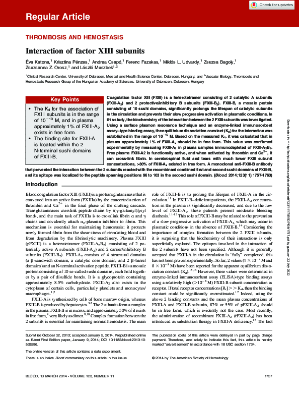 (PDF) Interaction of factor XIII subunits