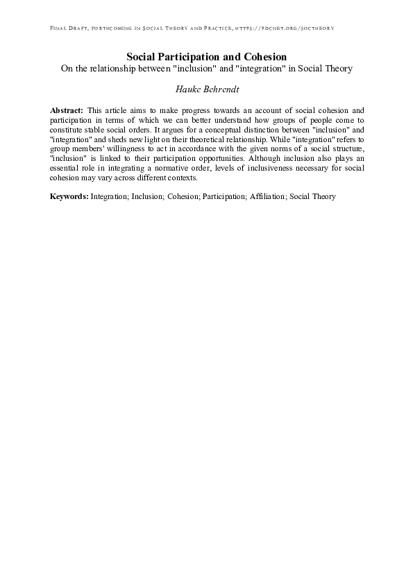 (PDF) Social Participation and Cohesion. On the Relationship between ...