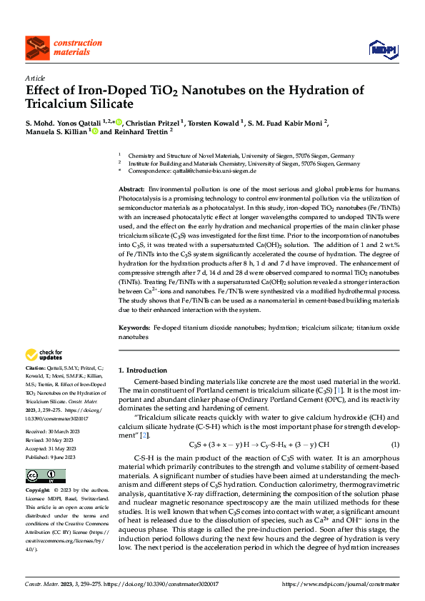 (PDF) Iron-Doped TiO2 Nanotubes Enhance C3S Hydration