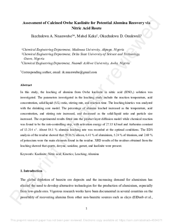 (PDF) Assessment of Calcined Owhe Kaolinite for Potential Alumina ...