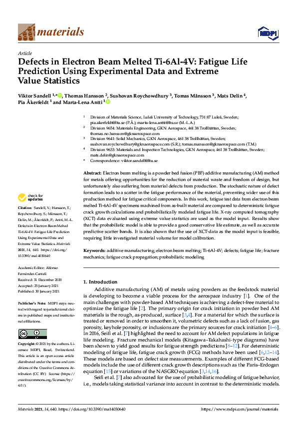(PDF) Defects in Electron Beam Melted Ti-6Al-4V: Fatigue Life Prediction Using Experimental Data ...