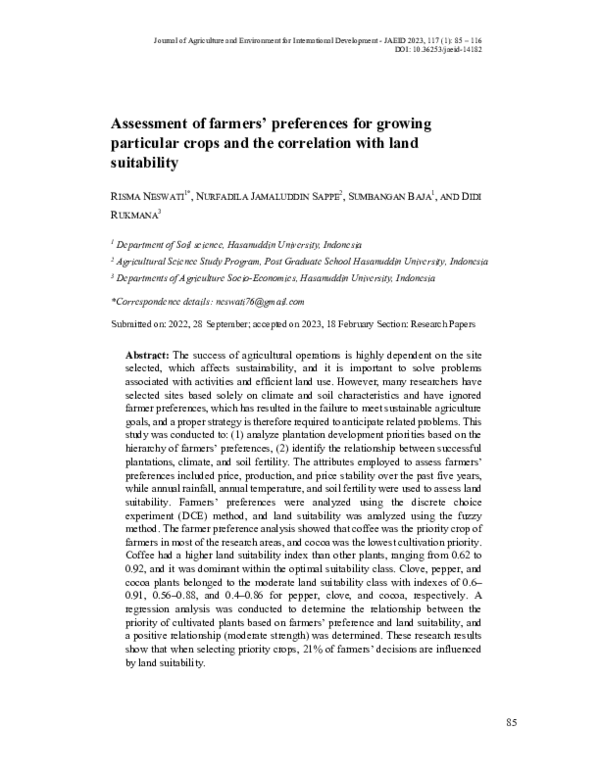 (PDF) Assessment of farmers’ preferences for growing particular crops and the correlation with ...