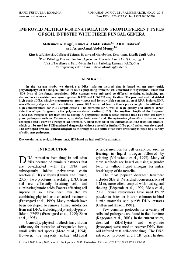 (PDF) Improved Method for Dna Isolation from Different Types of Soil Infested with Three Fungal ...