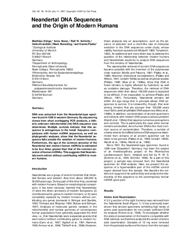 (PDF) Neandertal DNA Sequences and the Origin of Modern Humans