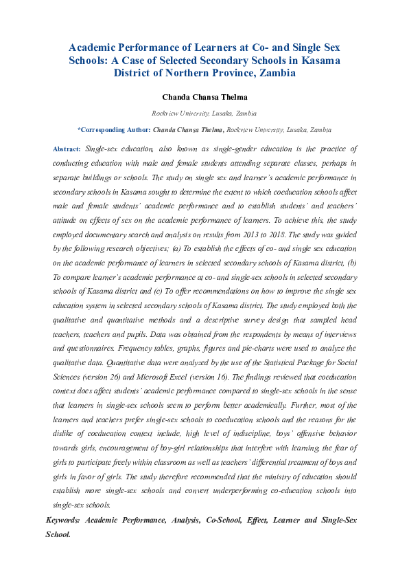 Doc Academic Performance Of Learners At Co And Single Sex Schools