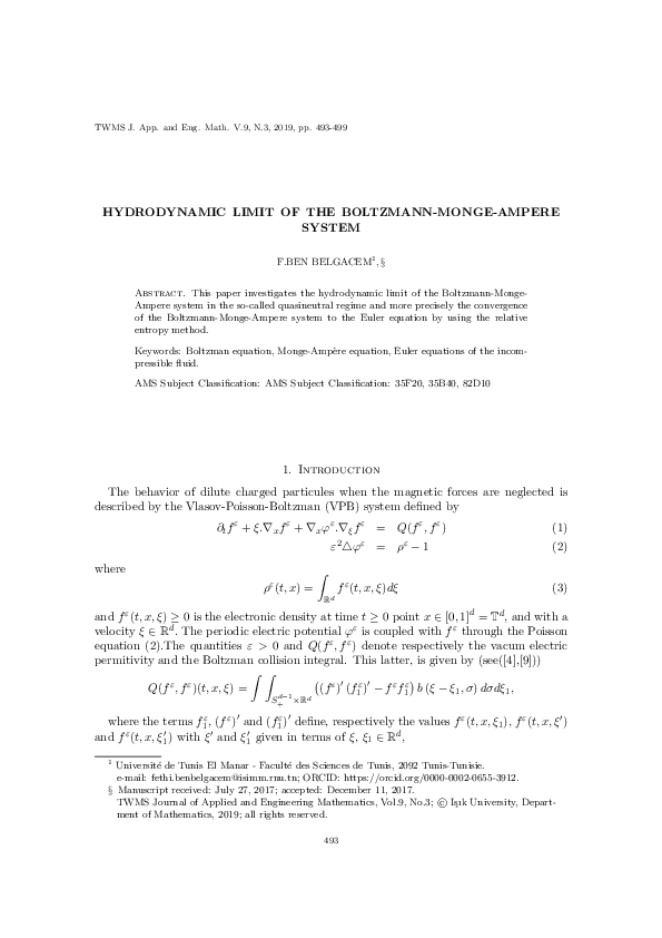 (PDF) Hydrodynamic limit of the Boltzmann-Monge-Ampere system | fethi belgacem - Academia.edu