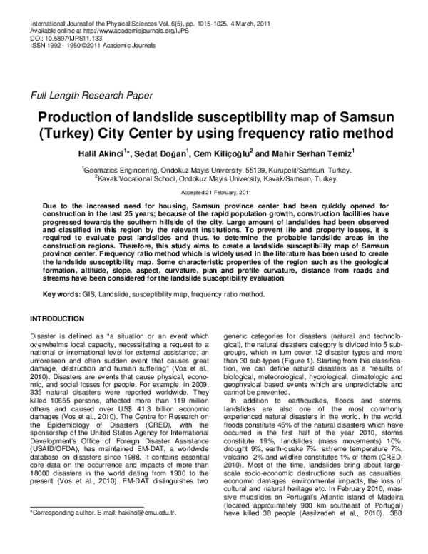 (PDF) Production of landslide susceptibility map of Samsun (Turkey) City Center by using ...