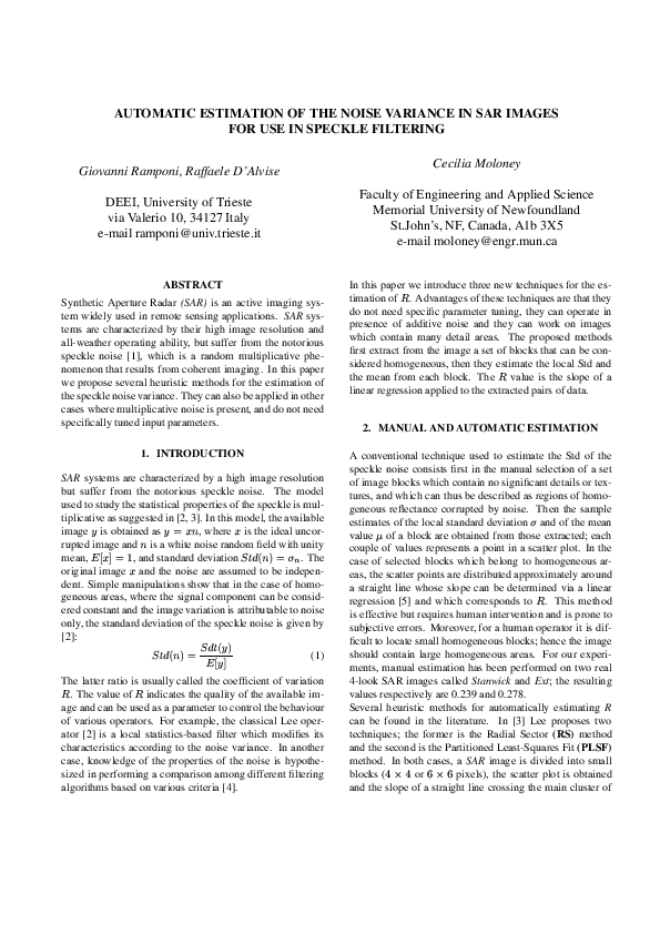 Pdf Estimating Noise Variance In Sar Images