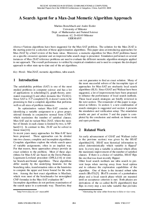 Pdf A Search Agent For A Max 2sat Memetic Algorithm Approach André Exeler 