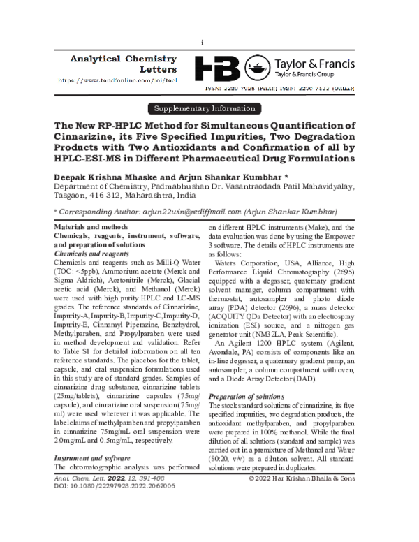 (PDF) The New RP-HPLC Method for Simultaneous Quantification of Cinnarizine, its Five Specified ...