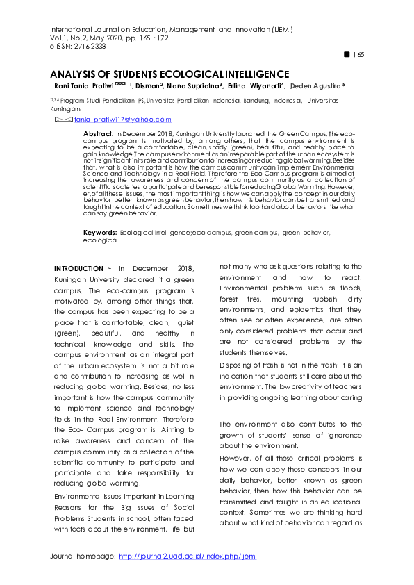 (PDF) Analysis of Students Ecological Intelligence