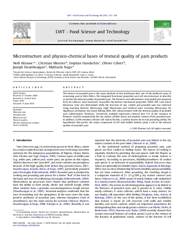 (PDF) Microstructure and physico-chemical bases of textural quality of yam products