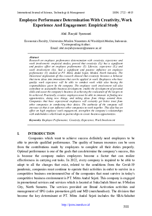 (PDF) Employee Performance Determination With Creativity, Work Experience And Engagement ...